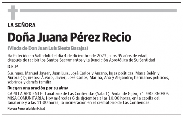 Juana Pérez Recio | Esquela Necrológica | El Norte de Castilla