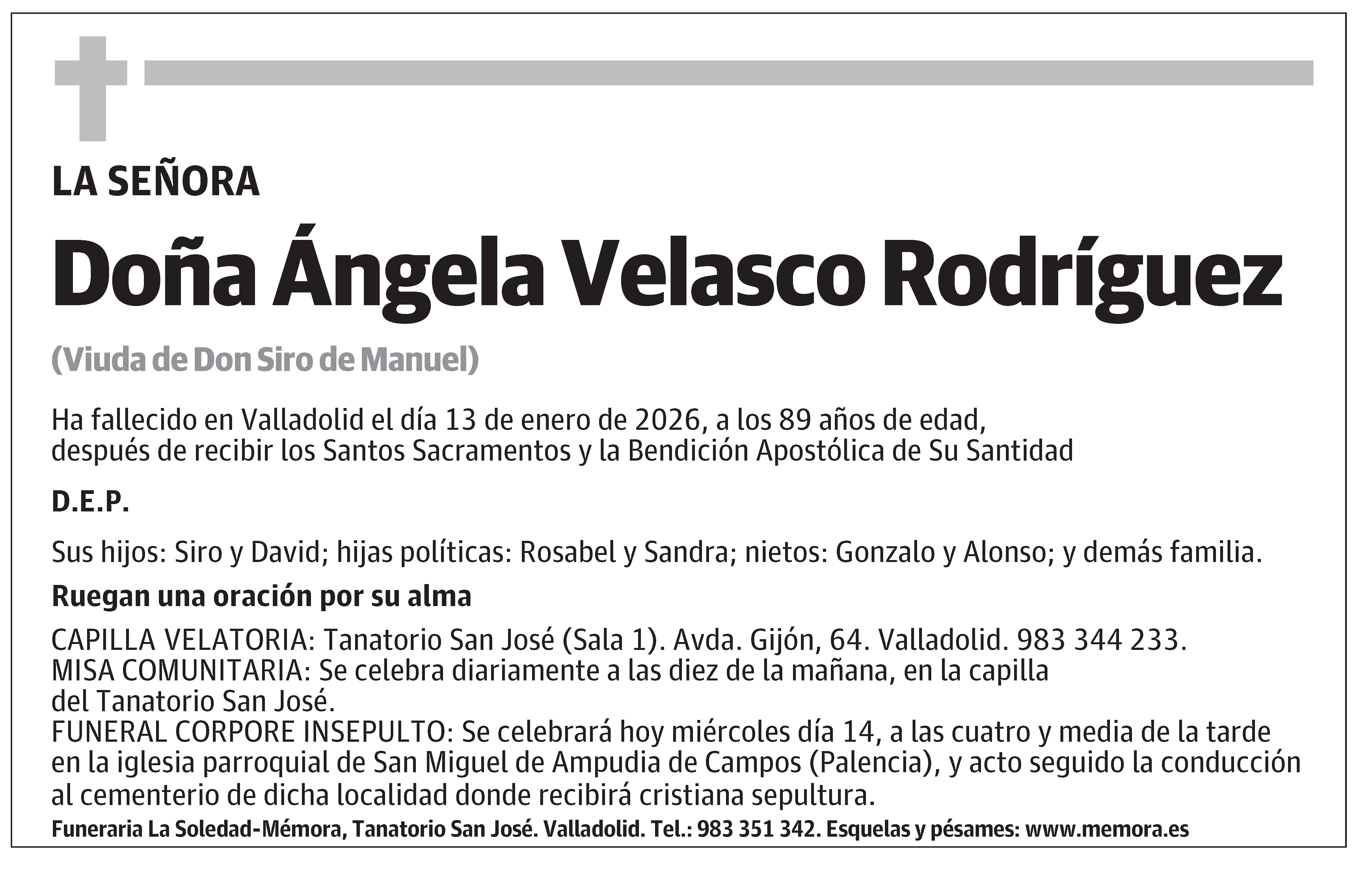 Ángela Velasco Rodríguez | Esquela | El Norte de Castilla