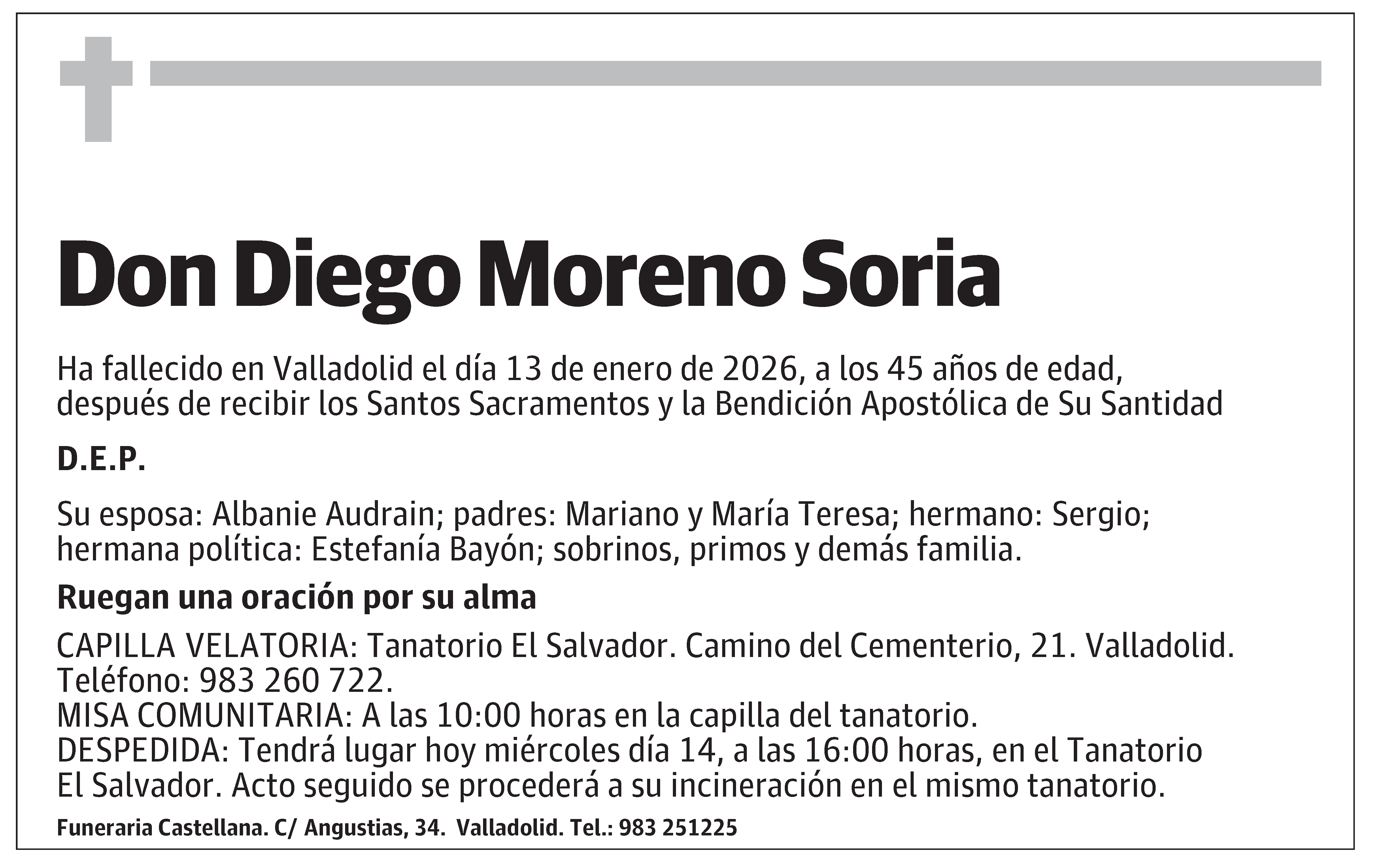 Diego Moreno Soria | Esquela | El Norte de Castilla