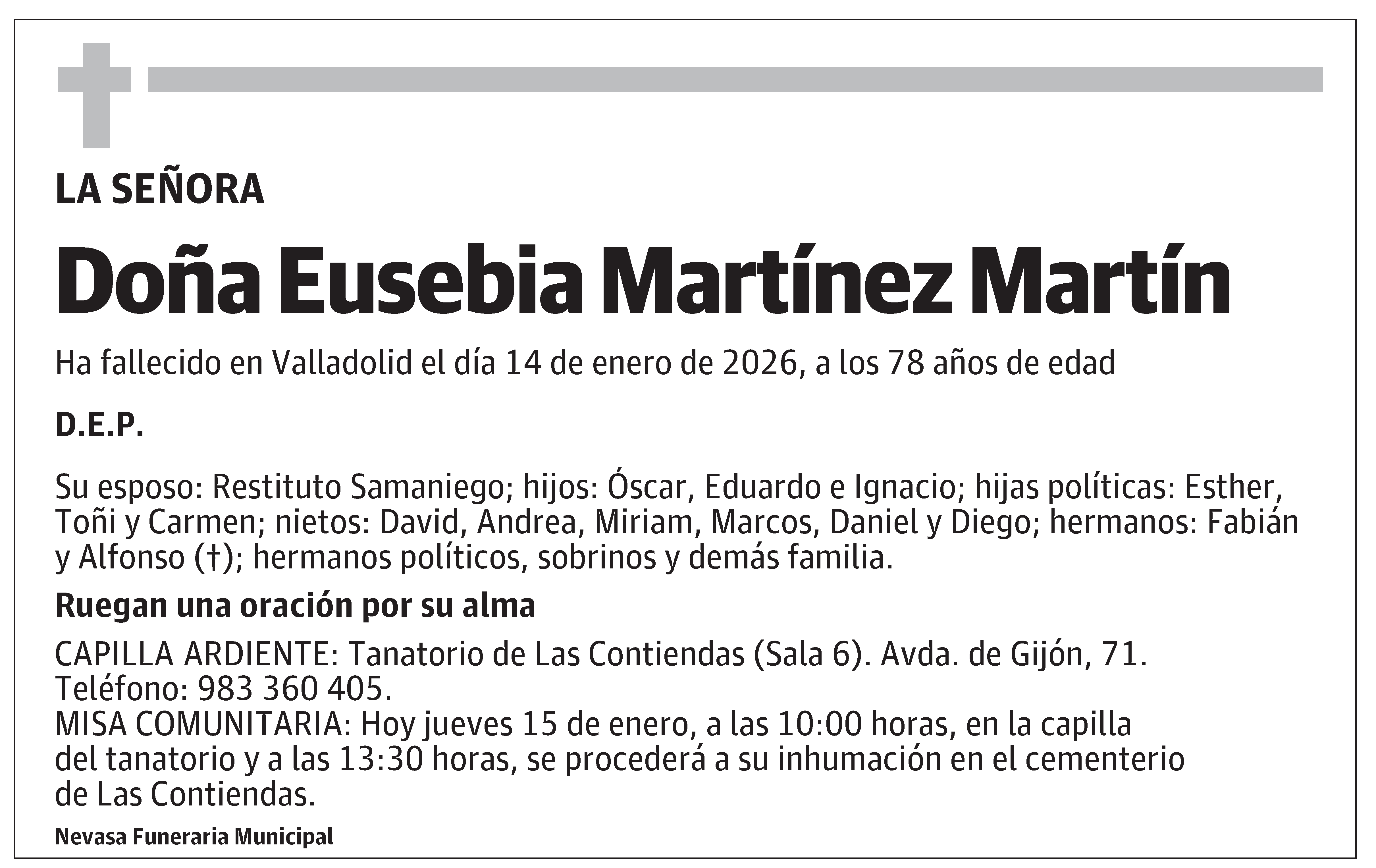 Eusebia Martínez Martín | Esquela | El Norte de Castilla