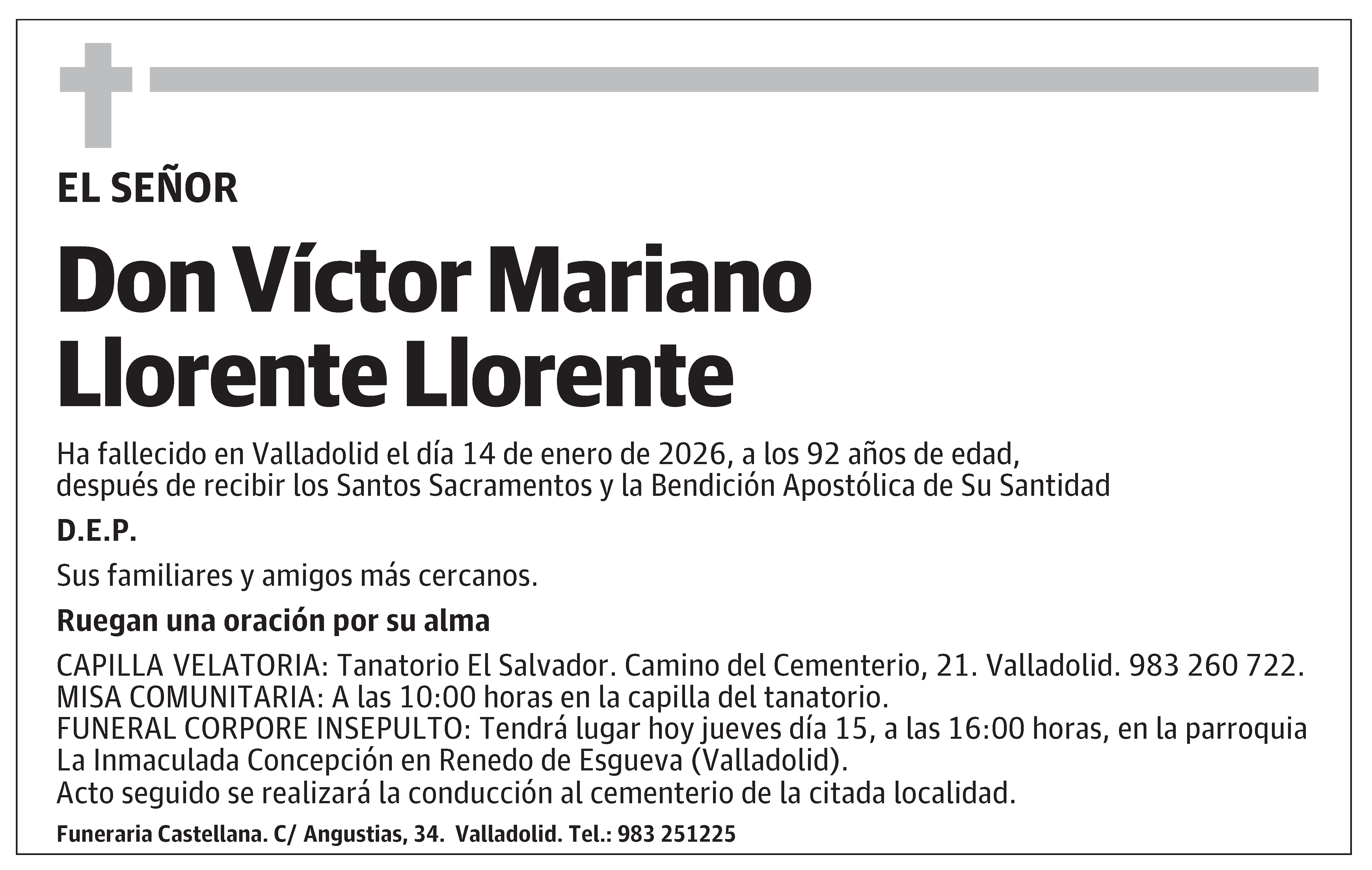 Víctor Mariano Llorente Llorente | Esquela | El Norte de Castilla