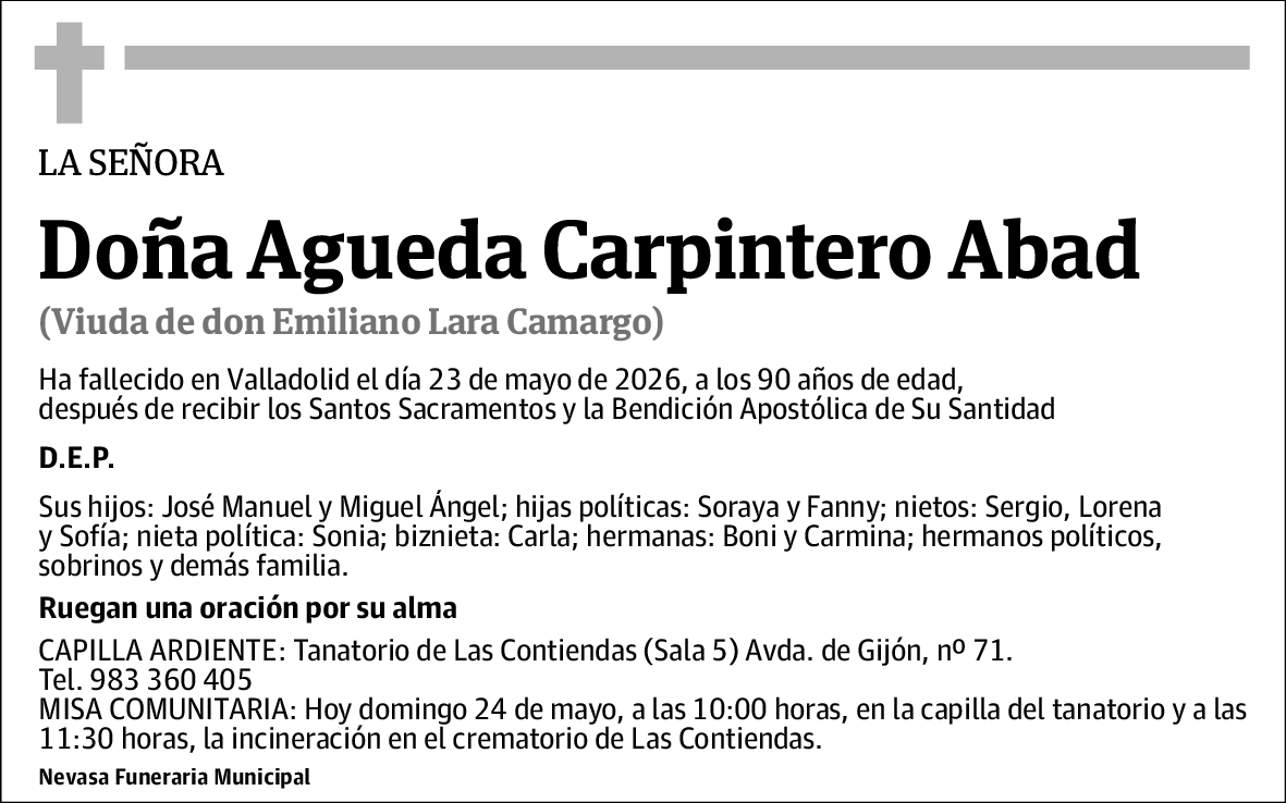 Agueda Carpintero Abad | Esquela | El Norte de Castilla