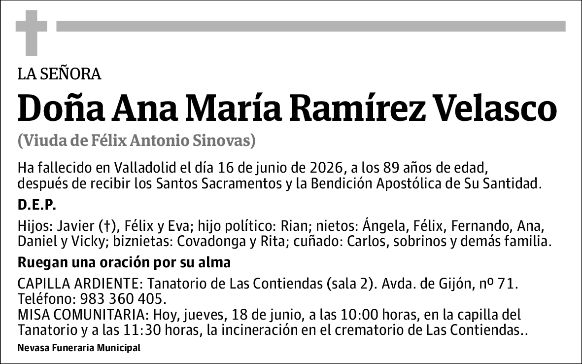 Ana María Ramírez Velasco | Esquela | El Norte de Castilla